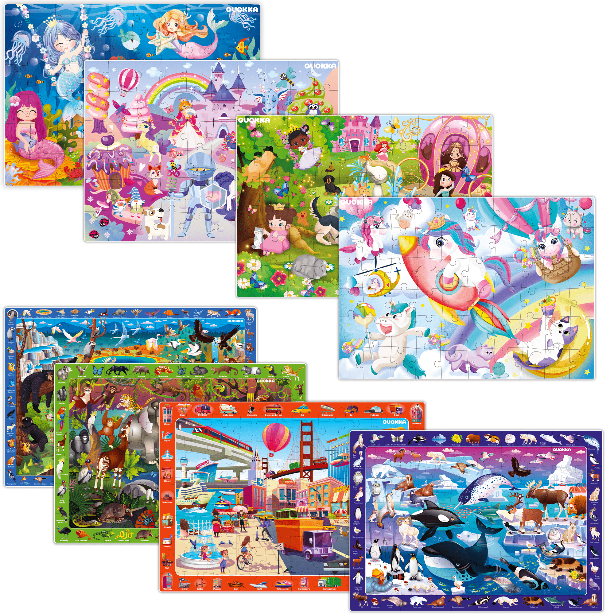 QUOKKA Bundle Set of 8 Puzzles for Kids | Mermaids, Animals, City Life