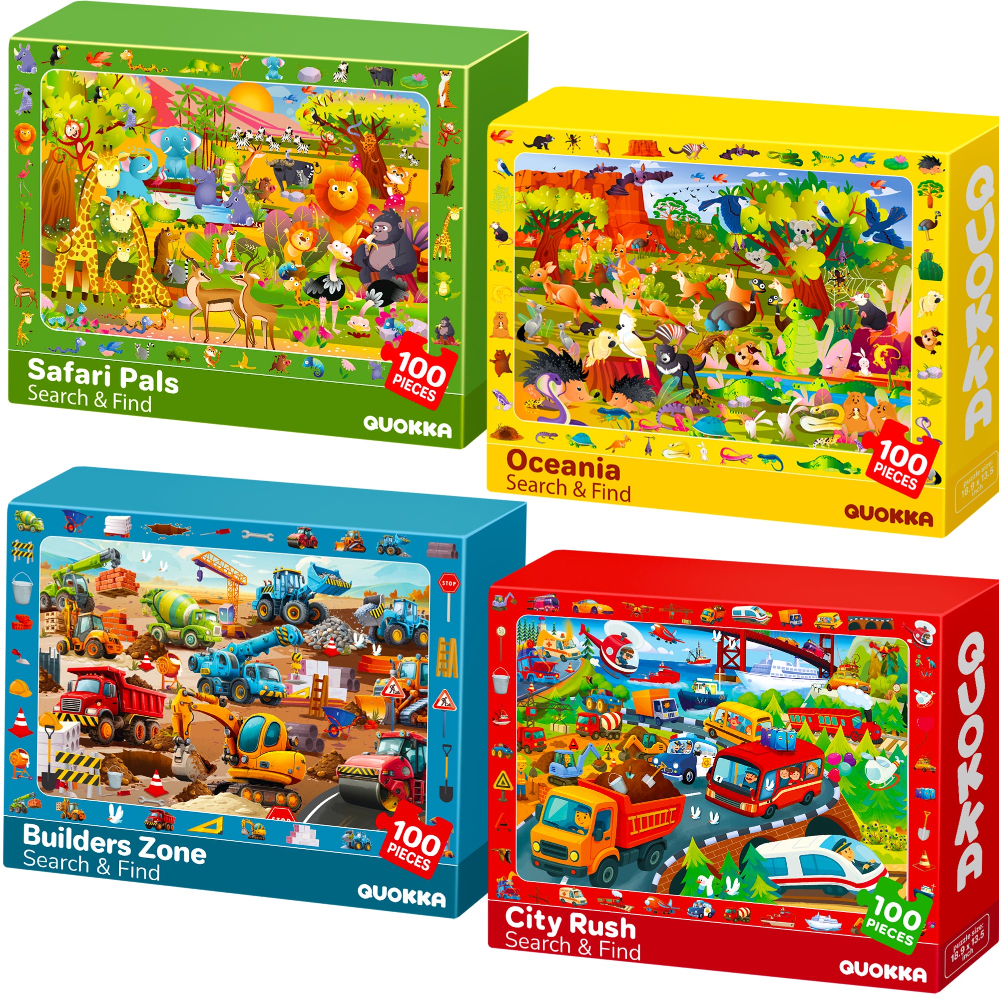 QUOKKA 100 Piece Search & Find Puzzles for Kids with Animals, Cars