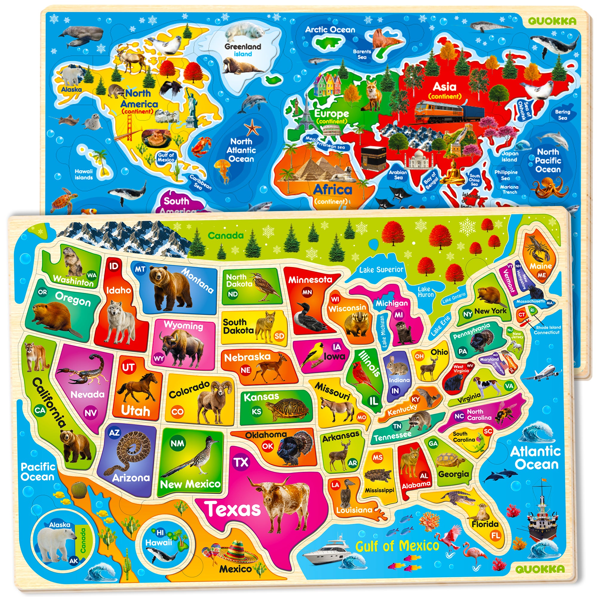 QUOKKA Wooden Puzzles for Kids - Realistic USA and World Map