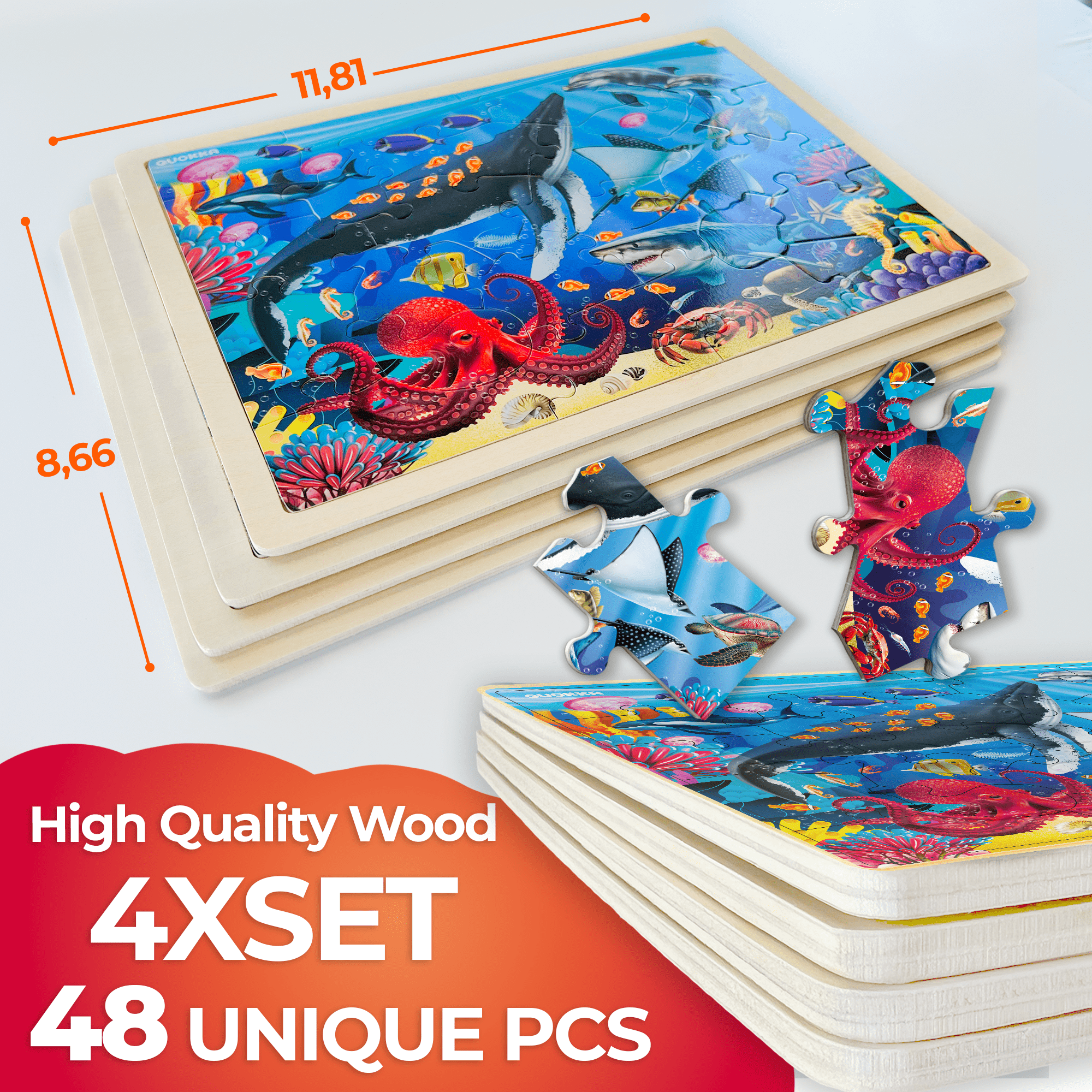 QUOKKA 4 Set 48 Piece Jigsaw Wooden Puzzles for Kids | Wild Animals, A ...